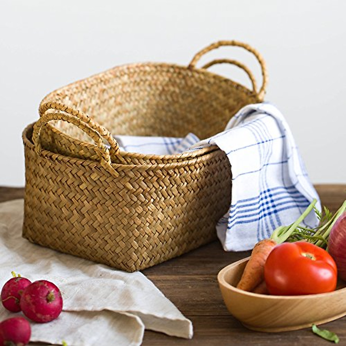 DOKOT Woven Baskets For Storage, Rattan Baskets With Handles For Kitchen, Wicker Baskets For Storage Organizer, Small Baskets for Fruits , Seagrass Baskets Set of 3