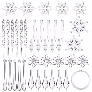 FEPITO 85 PCS Christmas Decoration Acrylic Snowflake Icicles Christmas Tree Icicle Snowflake with Crystal Line Ornaments Set for Christmas Party Decorations