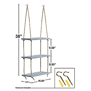 Sorbus Wood Hanging Shelf 3-Tier Rustic Wood Swing Storage Shelves Jute Rope Organizer Rack, Floating Display Shelves (Grey)