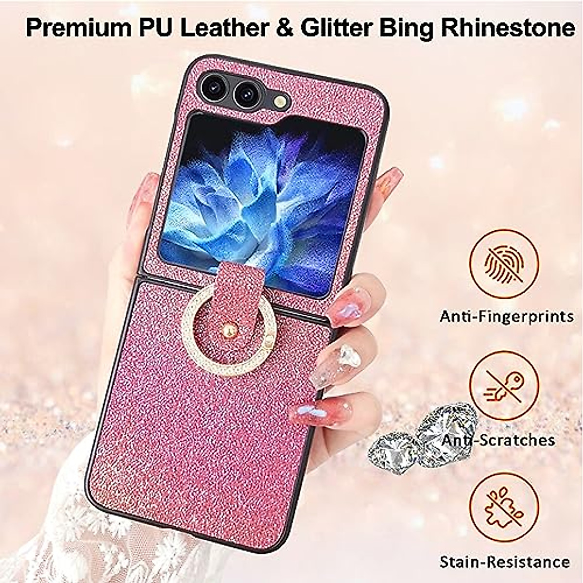 Z Flip 5 Case with Ring, Cute Glitter Bling Slim Leather Galaxy Z Flip 5 Phone Case for Women Girls, Sparkly Rhinestone Diamond Ring Holder Protective Case for Samsung Galaxy Z Flip 5 5G 2023 (Black)