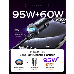 LISEN 95W Car Charger USB C Fast Charge PD65W Super Fast Charging Car Phone Charger Adapter Type C All Metal Cigarette Lighter USB Charger Adapter for iPhone 15 Pro Max iPad Pro Samsung Galaxy