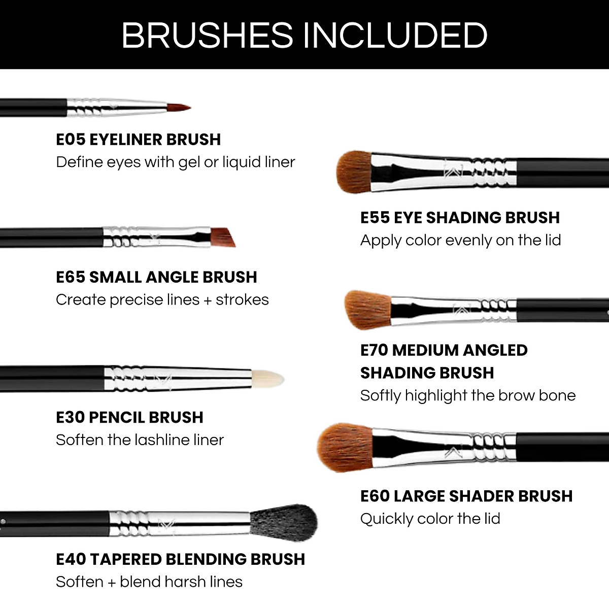 Sigma Beauty Basic Eye Makeup Brush Set – Classic Eye Makeup Brushes with Premium Fibers and Sleek, Durable Handles for Eyeliner, Eyeshadow, & Eyebrows, Includes 7 Black Makeup Brushes