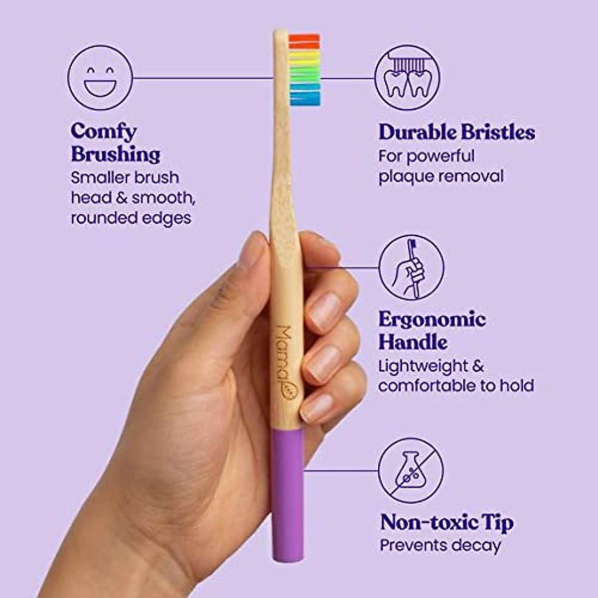 MamaP Rainbow Bamboo Toothbrush, Biodegradable, Natural Bamboo Toothbrush for Sensitive Teeth, Non-Toxic + Eco Friendly toothbrushes, for Adults (3 Pack) - Rainbow
