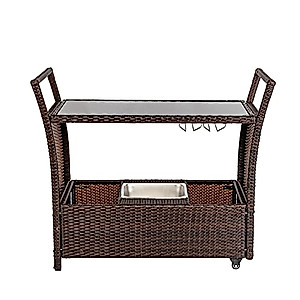 Thick Outdoor Patio Furniture Set Outdoor Patio Wicker Rattan Serving Bar Cart with Ice Bucket Wine Rack Brown