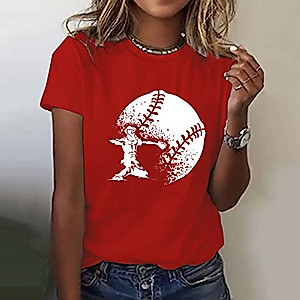 DUOWEI Womens Baseball Print O Neck Short Sleeve Blouse Tops Tees T Shirt Red