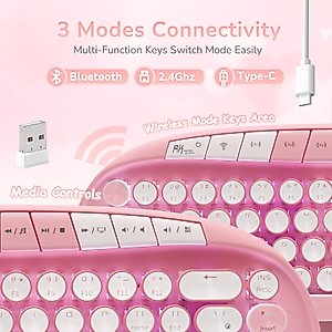 RK ROYAL KLUDGE RK838 Pink Wireless Keyboard, Retro Typewriter Keyboard BT/2.4G/Wired Mode, 75% RGB Hot Swappable Gaming Keyboard with Round Keys 10 Buttons, Pink Switch