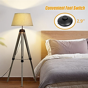 DINGLILIGHTING Led Tripod Floor Lamp Wood Mid Century Modern Reading Lamp,8W Rustic Standing Lamps Farmhouse for Living Room Bedroom Study Room and Office,Flaxen Lamp Shade with E26 Lamp Base