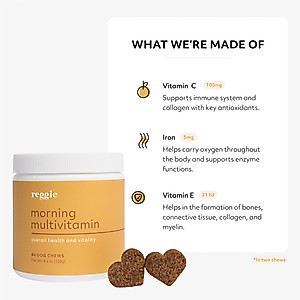 Reggie Morning Multivitamins for Dogs | Advanced Daily Immunity Booster for Heart, Joint, Skin, and Gut Health | Made in The USA, Vet-Approved, & Ideal for All Ages, Breeds, and Sizes - 60 Soft Chews