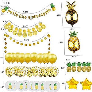 Gold Glitter Pineapple Party Decorations Summer Pineapple Garland Banner Pineapple Garland Latex Balloons Pineapple Foil Balloons Cupcake Toppers for Bachelorette,Birthday Luau Summer Party Decoration
