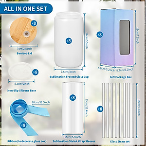 MAFYE Sublimation Glass Blanks With Bamboo Lid, 16OZ Frosted Sublimation Beer Can Glass with Glass Straws Gift Box Mason Jar Cups Mug Travel Tumbler for Beer, Juice, Soda, Iced Coffee, Drinks(8 PACK)