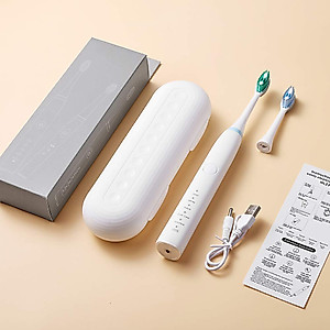 Sonic Electric Toothbrush Rechargeable for Adults, 2 Dupont Brush Heads & Travel Case Toothbrush Box, USB Charging Last 30 Days 5 Modes 3 Intensities Smart Timer (239 White)