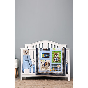 3 PCs Blue Sports Theme Nursery Crib Bedding Set Baby Boy Embroidery Puppy Sport Themed Baby Boy Cot Bedding Set 1 Quilt 1 Fitted Sheet 1 Diaper Storage Bag
