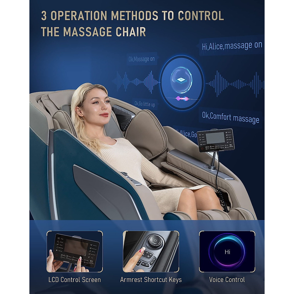 UIIU 3D Massage Chair Full Body Zero Gravity Back&Calf Heated Screen Touch Electric Massage Chairs SL Track Yoga Strecth Voice Control Body Scan with Bluetooth Speaker Foot Massage Blue