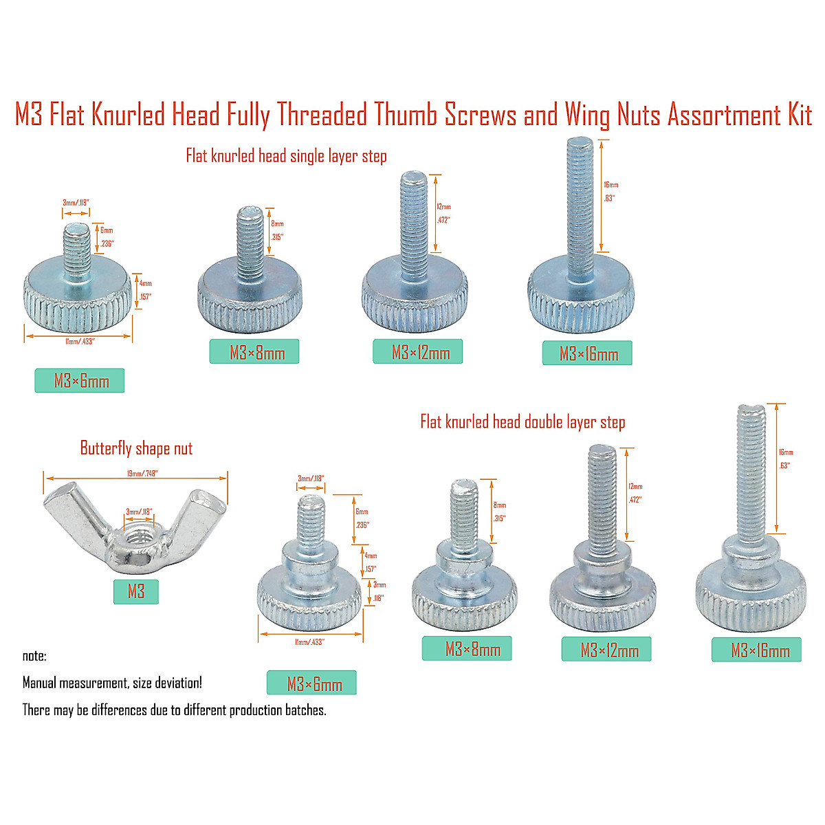LBY 80pcs Knurled Hand Screw, M3 Flat Knurled Head Fully Threaded Thumb Screws and Wing Nuts 9 Sizes Assortment Kit, Carbon Steel Galvanize