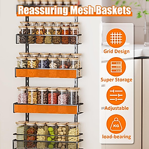 Over the Door Pantry Organizer, Pantry Door Organizer 6-Tier Mesh Basket, Pantry Hanging Storage Baskets with Adjustable Hooks Hanging & Wall Mounted，for Kitchen, Bathroom,Storage Room (Black)