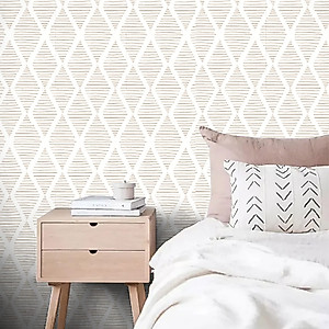 Yun-aeon 17.7" X 120" White and Beige Stripe Peel and Stick Wallpaper Modern Diamond Contact Paper Geometric Removable Wallpaper Self Adhesive Wall Paper for Bedroom Drawers Cabinets Decor Vinyl