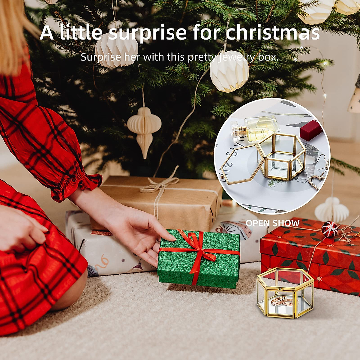 BEAUTY ONE HOME Small Glass Jewelry Box Golden Geometric Decorative Box Ring Earring Display Hexagon Keepsake Box for Wedding Birthday Gift