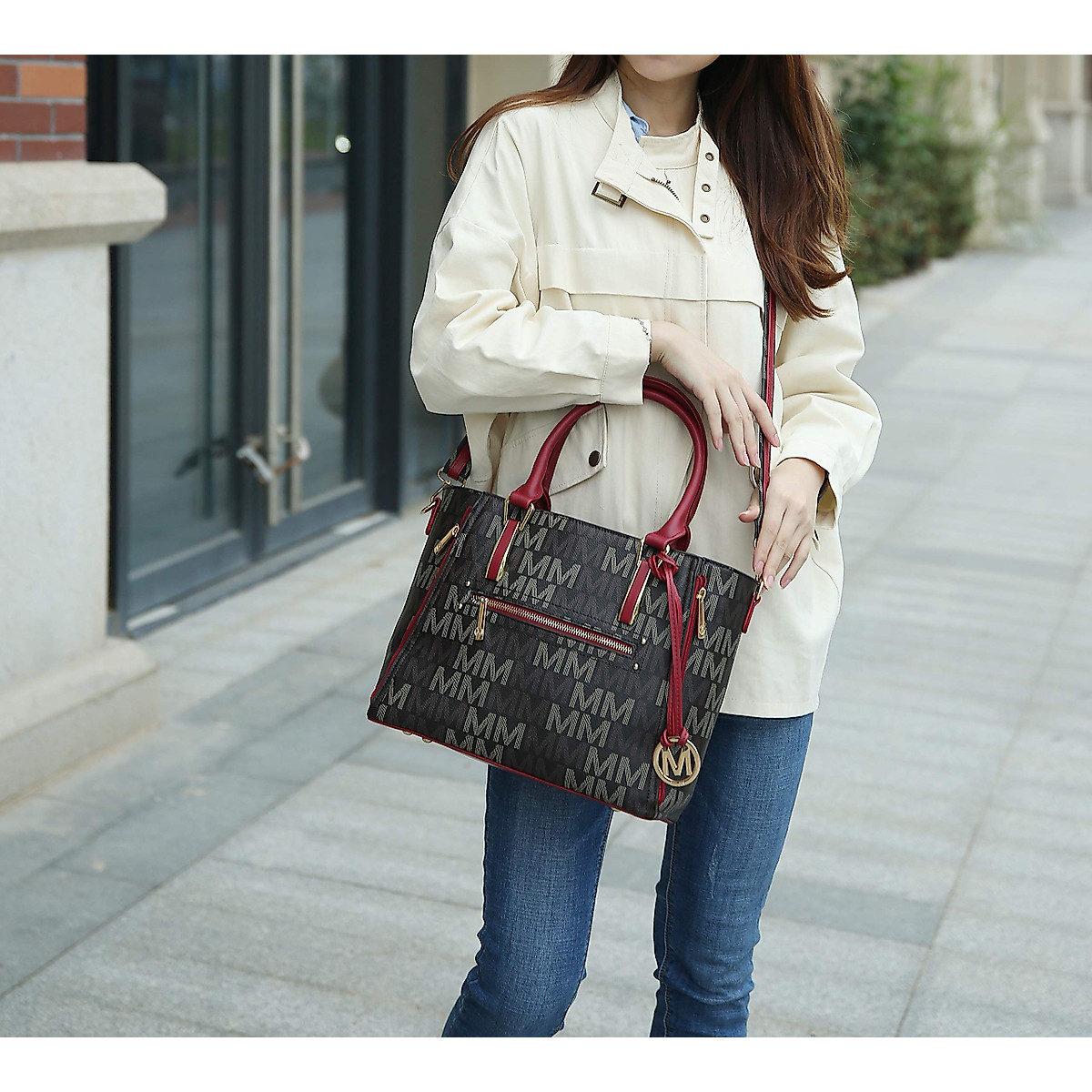 MKF Crossbody Shoulder Bag for Women – PU Leather Top Handle Pocketbook – Roomy Tote Satchel Handbag Purse M Charm Brown