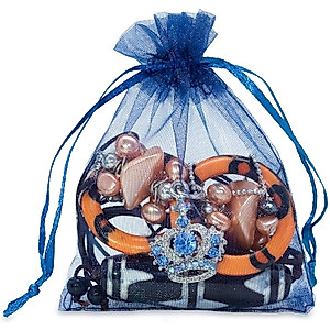 50 Pc 4x6 inch Gift Wrap Bags Navy Blue,Organza Sheer Fabric,Drawstring Glossy Pastel Treat Bags for Baby Shower Favor,House Party Favors,Bridal Shower Favor,Lipsense Holder,Xmas,Tea,Cookies,Chocolate