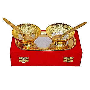 DBY Silver and Gold color Plated Bowl Set with Spoon Tray Come with Gift Pack Dry Fruits Gift Item Serving Bowl Brass Bowl Gold Plated Brass Bowls Set