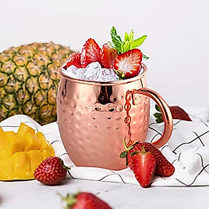 DOTGROUP Moscow Mule Mugs, Copper Mule Mugs Set of 4, Creative Hammer Point Copper Cups with Copper-plated Inner for Beer and Cocktail, 4 Cocktail Copper Straws, 1 Stirring Rod, 2oz/4oz Double Jigger