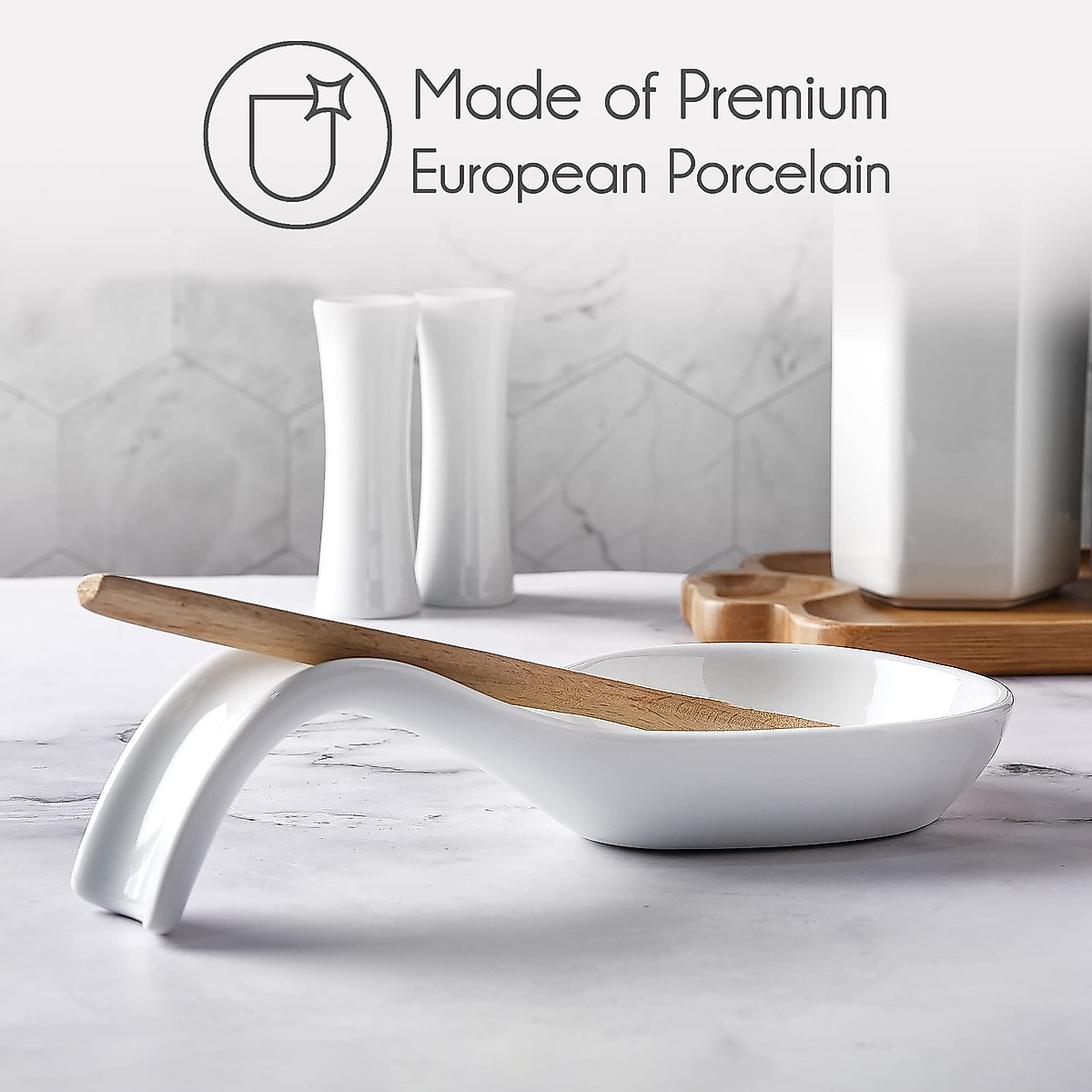 CRYSTALIA Ceramic Spoon Rest, White Porcelain Utensil Holder for Counter or Stove Top, 9 inches Large Size Standing & Thick Rest for Coffee Spoon, Ladle, Spatula, Cute Farmhouse Kitchen Accessories