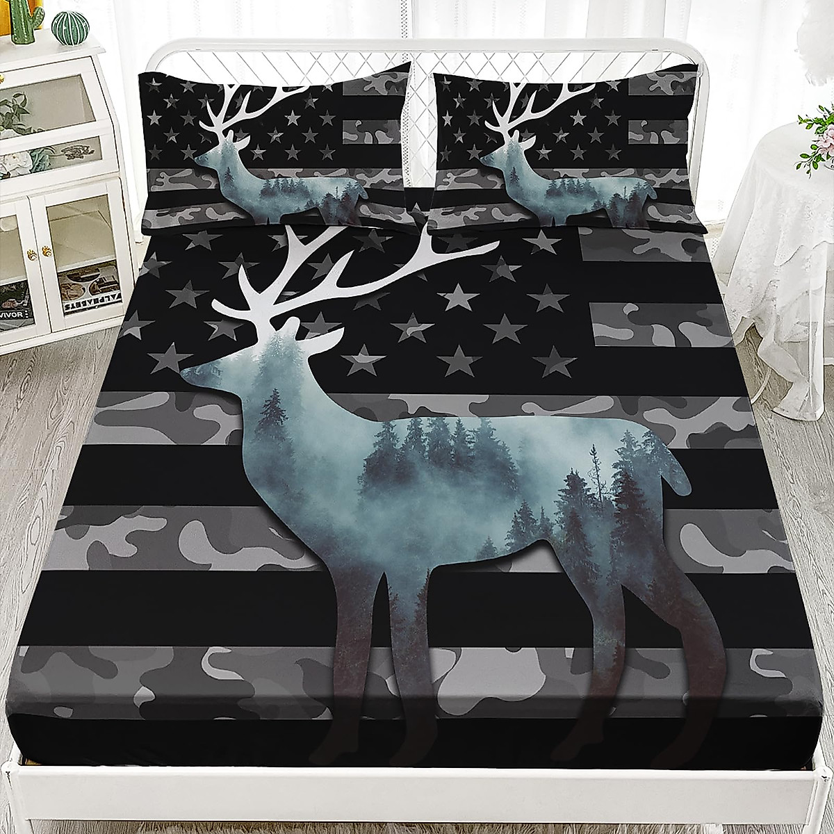 Axolotl American Flag Sheet Set Queen,Deer Hunting Camo Bedding,Hunter Bedding Set American Flag Fitted Sheet,Deer Fitted Sheet Set for Boys Teens Kids Man,1 Flat Sheet 1 Fitted Sheet 2 Pillow Cases