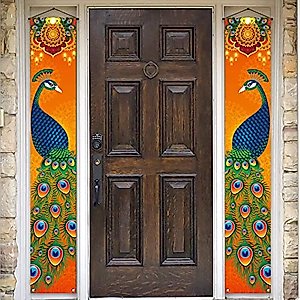 Diwali Porch Banner Deepavali Festival of Lights Peacock Indian Holiday Party Front Door Wall Hanging Banner Decoration