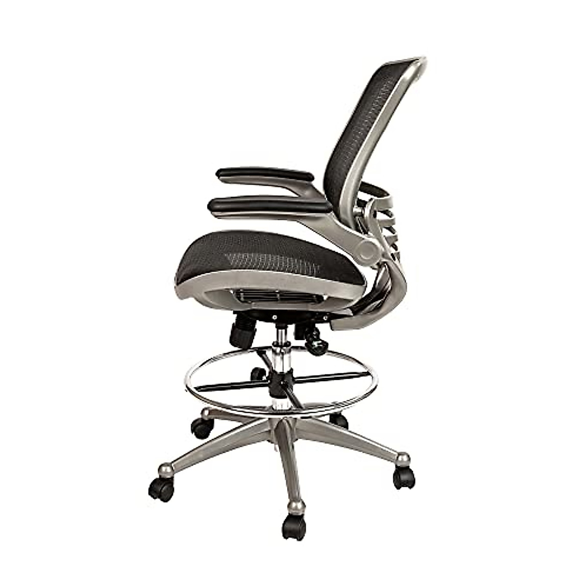 Flash Furniture Mid-Back Transparent Black Mesh Drafting Chair with Graphite Silver Frame and Flip-Up Arms