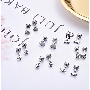Vegolita 18Pairs 20G 18G Stainless Steel Tiny Stud Earrings for Women Cartilage Helix Earrings Ball Star CZ Earrings