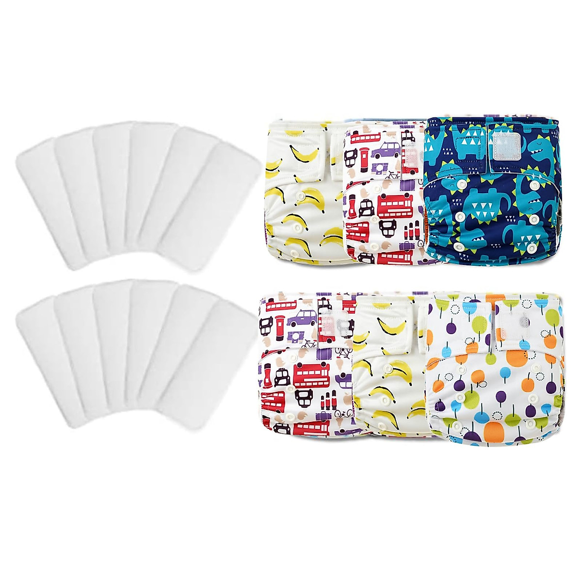 KaWaii Baby Reusable Newborn Cloth Diapers, Waterproof Washable Pocket Nappy, 6 Diapers + 12 Diaper Inserts Boys Girls 6–22 Pounds/0-18 Months