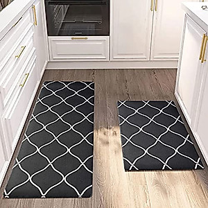 TurtingAs Kitchen Cushioning Anti Fatigue Mat [2 PCS], Comfort Standing Rug, Non-Slip Waterproof Heavy Duty PVC Ergonomic Foam Rug, Thick Mat Set for Kitchen, Office, Sink, Laundry Room Black