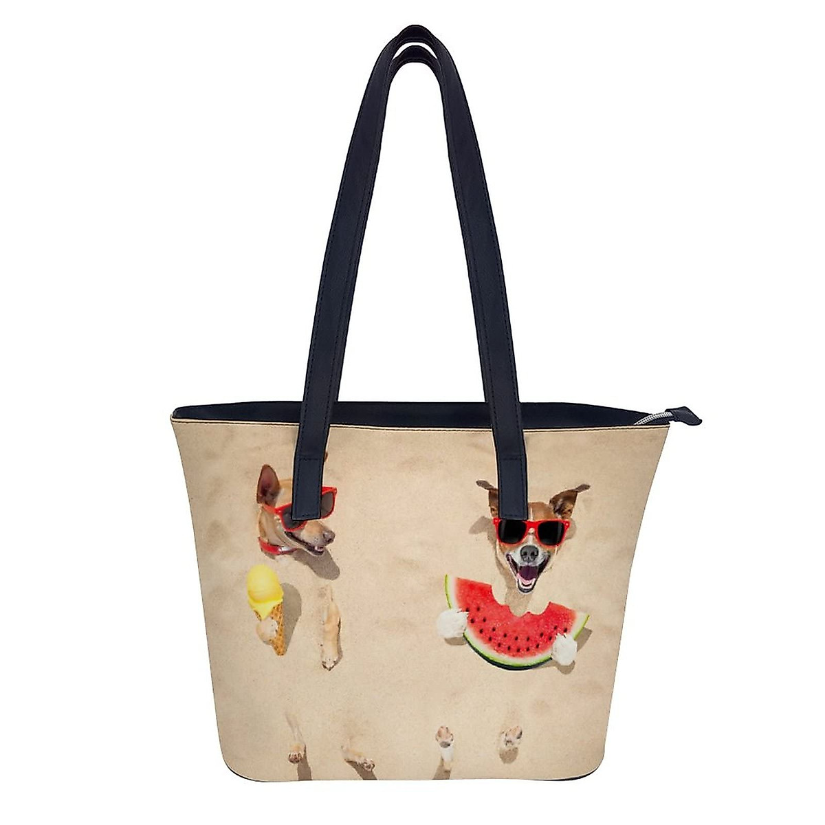 Funny Couple of Dogs at The Beach Women's Tote Bag PU Leather Shoulder Bag Handbags Purse For Work Shopping Travel