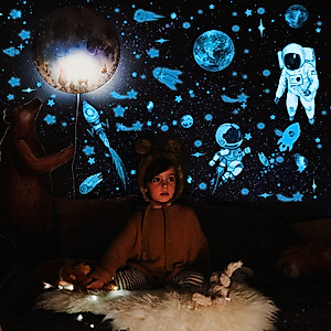 408 Pieces Glow in The Dark Space Wall Stickers Glowing Stars Wall Decals Luminous Spaceship Planet Astronaut Stickers Wall Decals for Kids Bedroom Decor