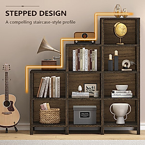 TVU 9-Cube Ladder Bookcase & Bookshelf, Floor Standing Display Storage 12 Shelves Bookshelf (Rustic Brown)