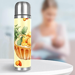 Stainless Steel Leather Vacuum Insulated Mug Mango Thermos Water Bottle for Hot and Cold Drinks Kids Adults 16 Oz