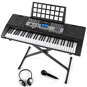 MUSTAR 61 Key Piano Keyboard, Touch Sensitive Keyboard Piano for Beginners, Electric Keyboards Piano with Stand, LCD Display, Headphones, Microphone, Power Adapter, Kids Birthday Gifts, Black