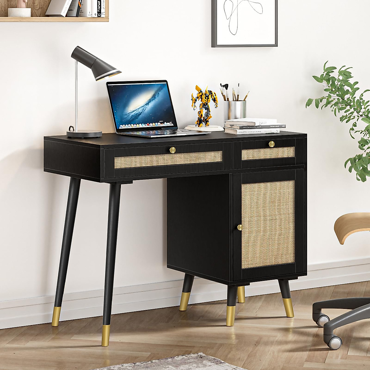 Anmytek Rattan Vanity Desk with Drawers and Storage, Black Makeup Vanity Table Modern Home Office Desk Computer Desk for Study D0005