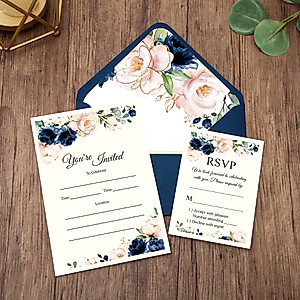 DORIS HOME 25pcs Blue Fill-in Wedding Invitations with Envelopes and RSVP Cards with Pink Rose and Envelope with Gold Border for Engagement/Quinceanera/Bridal Shower/Anniversary