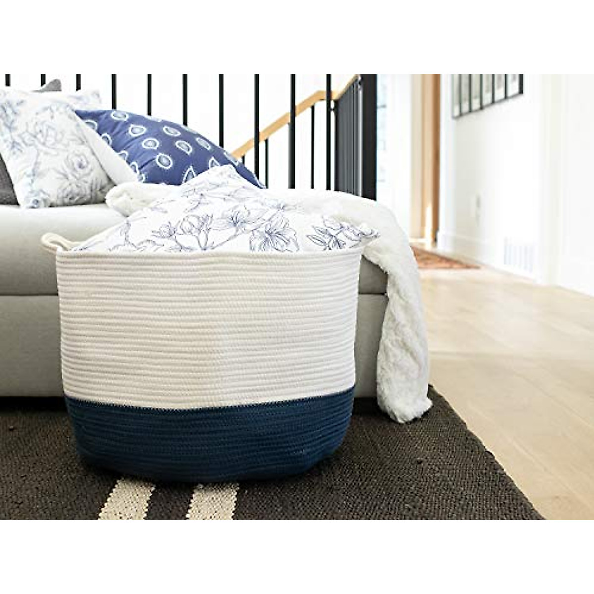 Chloe and Cotton XXXL Extra Large Woven Rope Storage Basket 15 x 21 inch Navy White Handles | Decorative Laundry Clothes Hamper, Blanket, Towel, Baby Nursery Diaper, Toy Bin Cute Collapsible Organizer