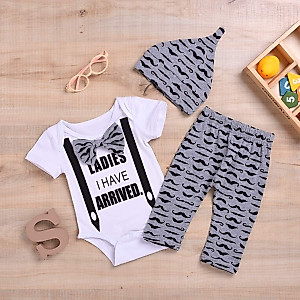 Kashoer 3Pcs Newborn Baby Boy Girls Bowtie Letters Romper Suit+Long Moustache Pant+Hat Kid Playsuit (White, 0-3Months)