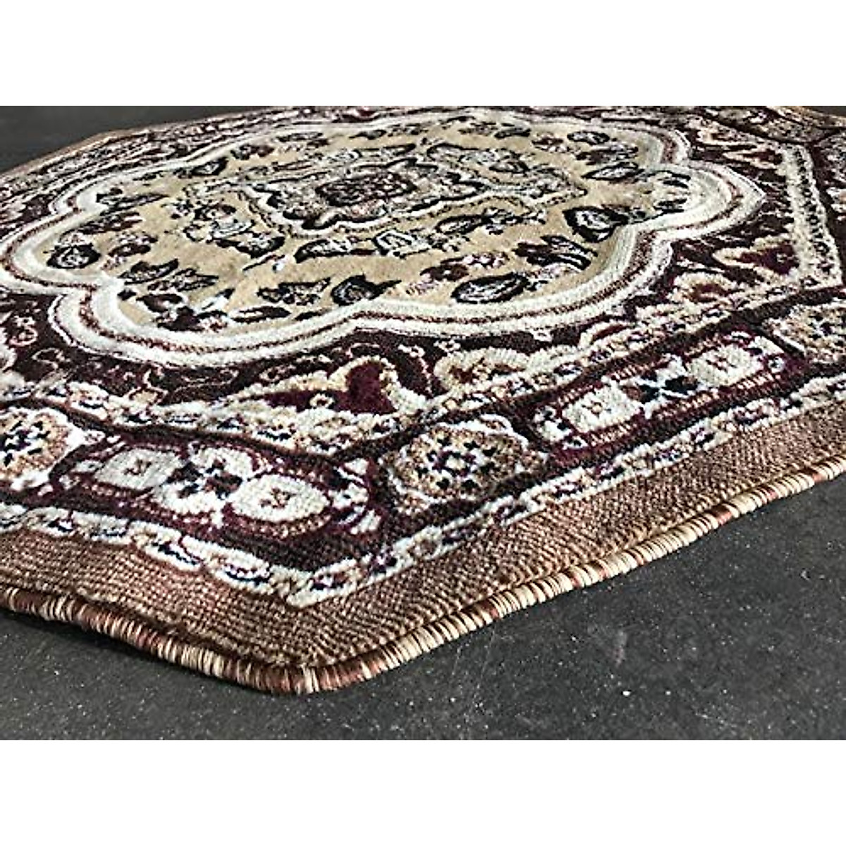 Traditional Octagon Persian Rug Beige Brown Burgundy & Black Design 520 (4 Feet X 4 Feet)
