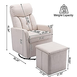 Taiweny Swivel Rocking Chair with Storage Ottoman, Linen Fabric Upholstered Glider Rocker Armchair and Folding Foot Stool for Nursery, Bedroom, Living Room, Home Office (Beige)