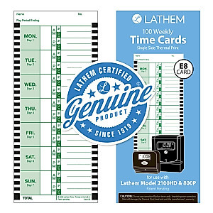 Lathem Weekly Thermal Print Time Cards, Single Sided 2100HD and 800P Time Clocks, 9", 100 Pack (E8-100)