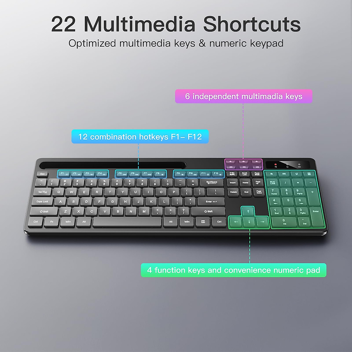 Wireless Keyboard and Mouse Combo, Soueto 2.4G Full-Sized Computer Keyboard with Phone Tablet Holder, 22 Multimedia Shortcuts, Numeric Keypad, 6 Button Silent Mouse for Windows, Mac (Space Black)