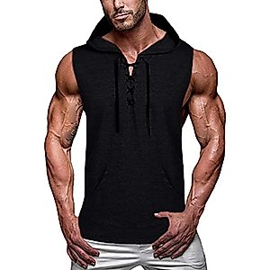 Maiyifu-GJ Men's Lace up Hooded Tank Top Sleeveless Gym Workout Hoodie T Shirt Bodybuilding Fitness Muscle Hoodies Vests (Black,X-Large)