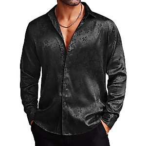 COOFANDY Mens Dress Shirt Casual Button Down Floral Rose Printed Prom Wedding Party, Black, Large, Long Sleeve