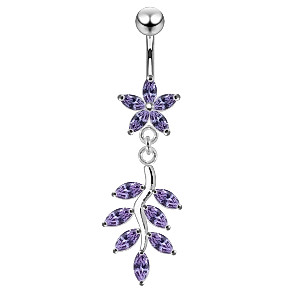 Lavender CZ Crystal Stone Daisy Flower with Floral Leaf Dangling 925 Sterling Silver Belly Ring Body Jewelry