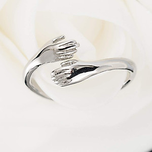 INRENG Unisex Stainless Steel Hands Embrace Open Couples Wedding Ring Romantic Love Hug Jewelry, Silver Size 6