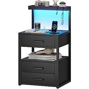 Nightstand with Charging Station and LED Lights, LED Night Stand with 2 USB Ports and 2 AC Outlets, Modern End Table with 3 Drawers, Bedside Table with Open Storage for Bedroom, Black
